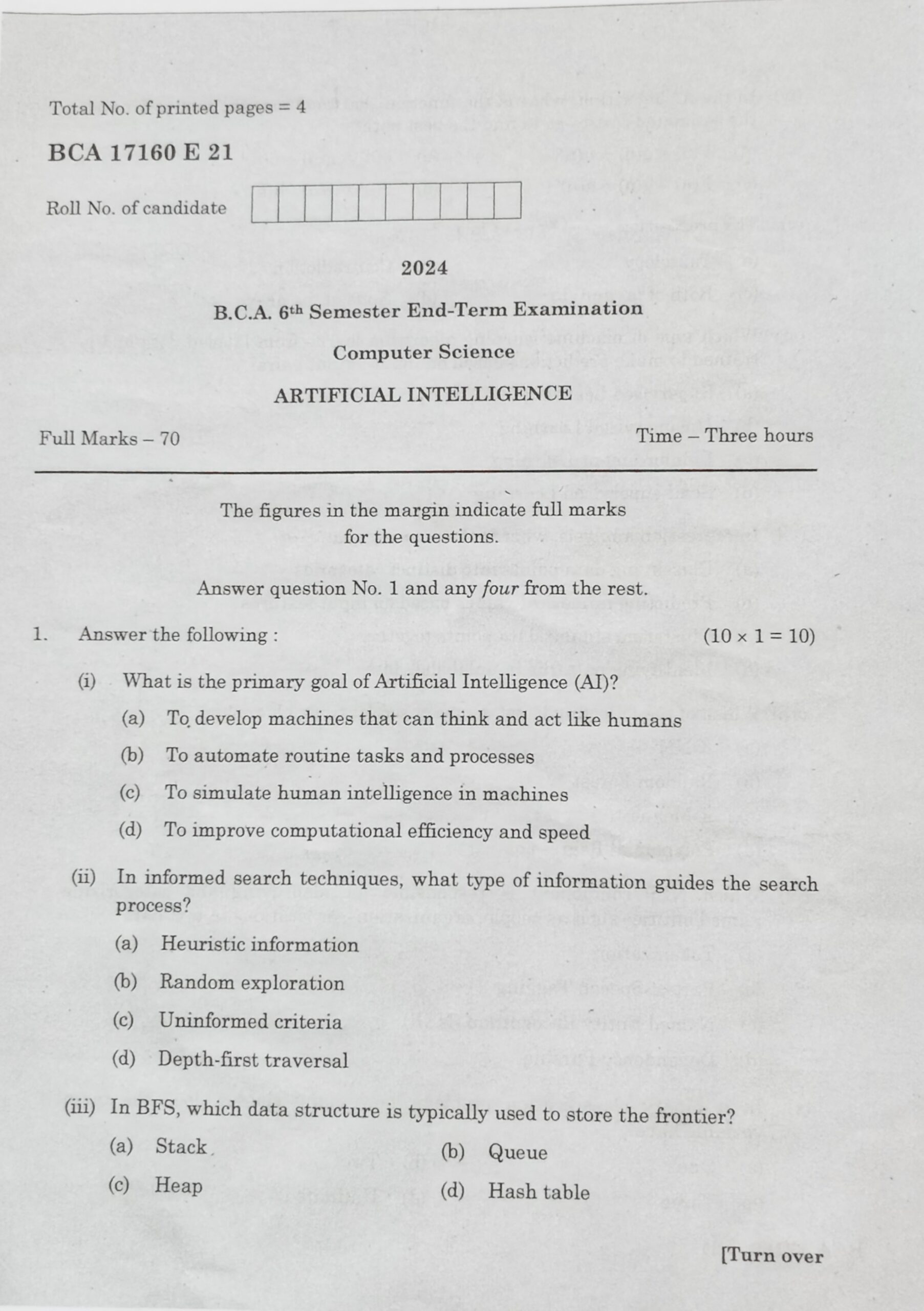 Artificial Intelligence Question Paper 2024 | Question Paper Artificial ...
