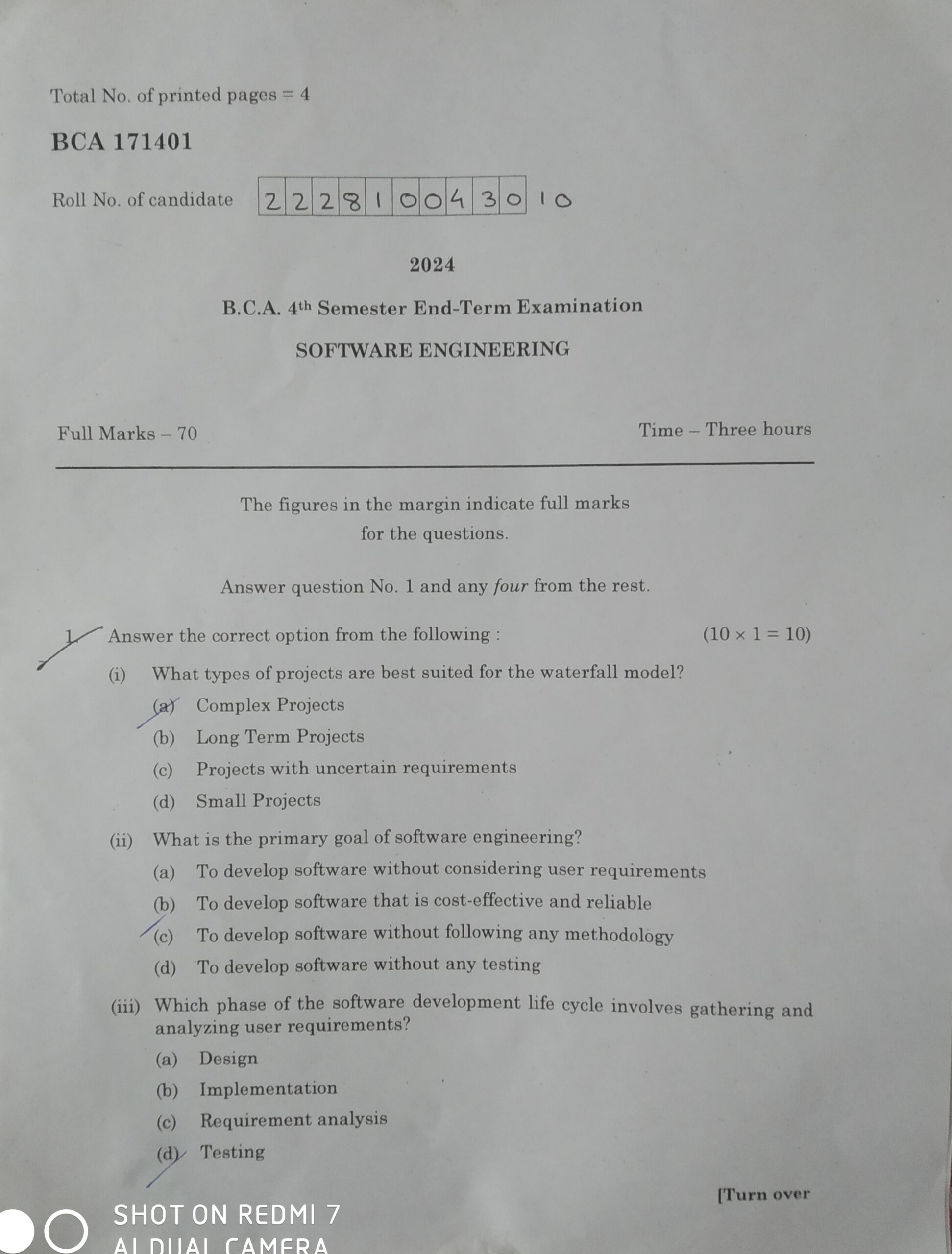 Software Engineering Question Paper-BCA 2024|Question Paper-Software ...